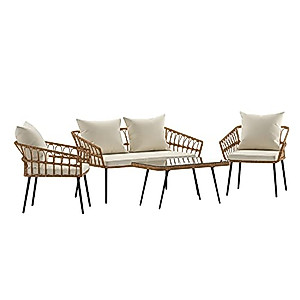 Flash Furniture Evin Boho 4 Piece Patio Conversation Set - Natural Rope Rattan - Cream All-Weather Cushions - Tempered Glass Top Coffee Table - Indoor/Outdoor