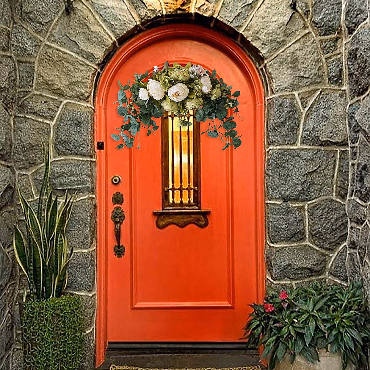 MOOBOM Artificial Floral Swag,Wedding Arch Flowers,Handmade Garland,Green Leaves Peony,Rustic Floral Swag for Wedding Arch Home Garden Decor