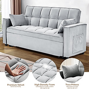 55 Inch Velvet Convertible Sleeper Sofa Bed, 3 in 1 Futon Sofa Couch with Pull-out Bed, Modern Love Seat Sleeper with Adjustable Backrest, 2 Pillows and Side Pockets for Living Room (Velvet Gray)