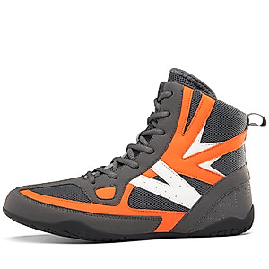 Cmadolrs Men's and Women's high top Wrestling Shoes Non Slip Breathable Boxing Shoes Wrestling Training Shoes Speed Grey/Orange