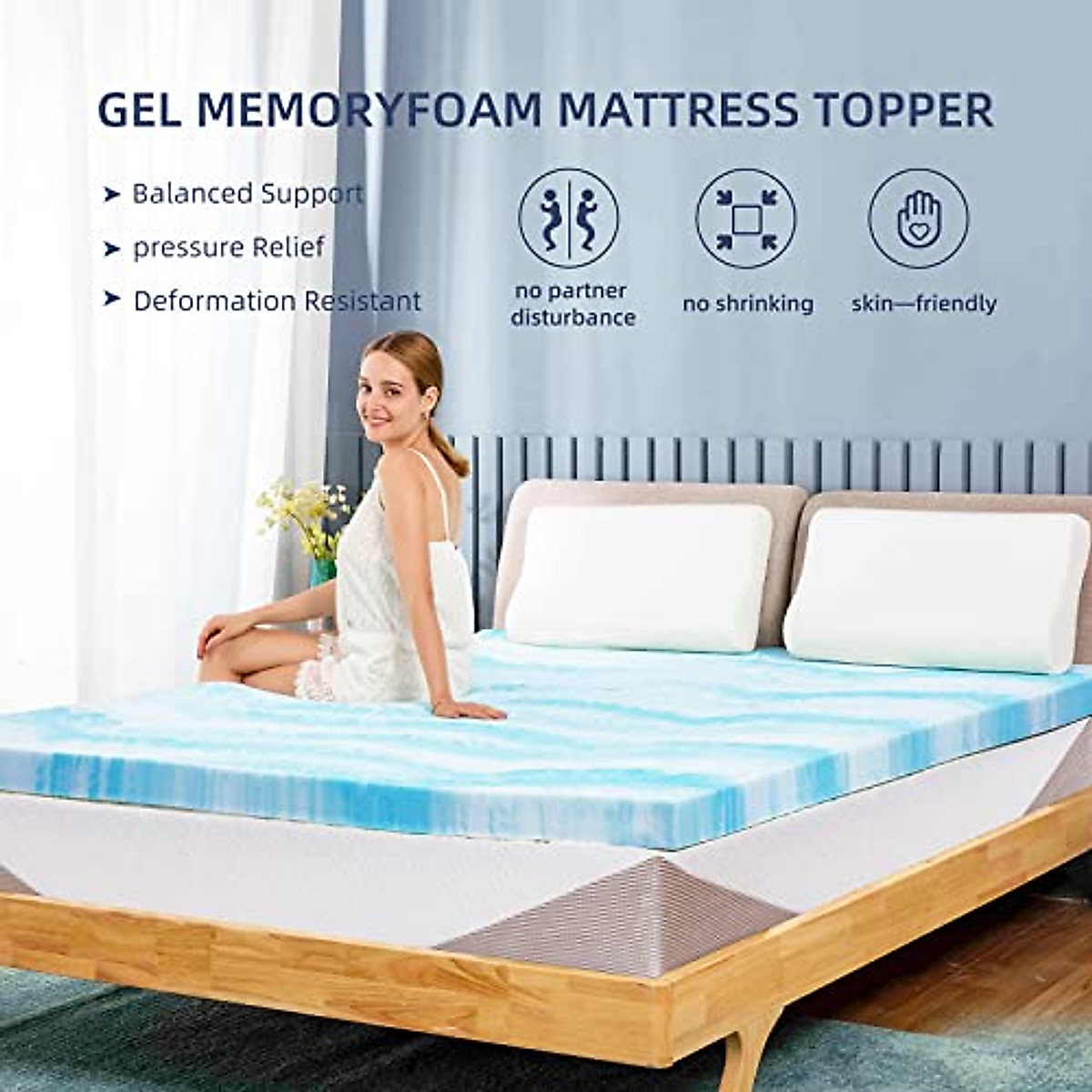 Opoiar 2 Inch Cooling Gel Memory Foam Mattress Topper in a Box, Medium Firm Mattress Topper for Pressure Relief & Temperature Regulation,CertiPUR-US Certified, Blue&White (Twin)