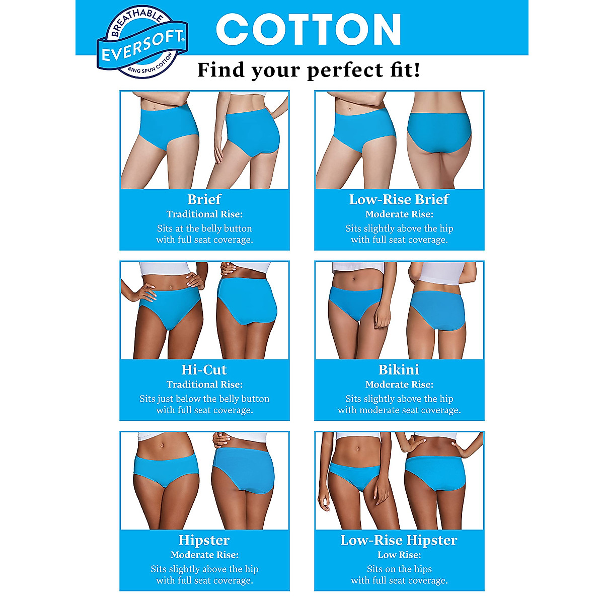 Fruit of the Loom Women's Eversoft Cotton Brief Underwear, Tag Free & Breathable, Available in Plus Size, Brief - Cotton Blend - 12 Pack - Grey/Pink/Blue, 7