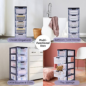 PIAOCAIYIN 5 Drawer Storage Organizer, Plastic Drawers Stackable, Vertical Storage Tower, Plastic Storage Dresser, Storage Cabinet Drawers Organizer for Clothes Toys, Large Capacity -Transparent
