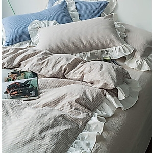 SUSYBAO Beige Farmhouse Duvet Cover Queen 100% Washed Cotton Soft Ruffle Duvet Cover Set 3 Pieces 1 Vintage Striped Duvet Cover with Zipper Ties 2 Pillowcases Luxury Rural Princess Bedding Set Durable