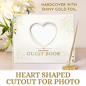 Wedding Guest Book and Elegant Guest Book Wedding Reception with Hardcover 8"x10", Guest Book for Wedding with Golden Pen with its Gold Metal Base, 100 Blank Pages for Wedding Guest Book Sign Include