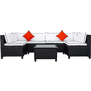 GAOPAN 7 Piece Garden Outdoor Modular Wicker Furniture Set, Sectional Rattan Sofa Patio Lounge & Deep Seating Conversation Furnishings with Cushions,Accent Pillows & Coffee Table, White+Black