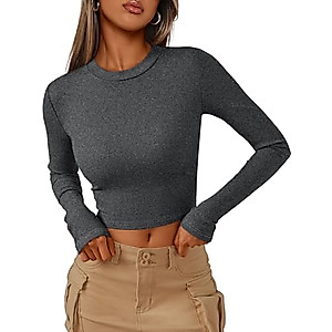 Trendy Queen Womens Long Sleeve Crop Tops Basic Ribbed Slim Fitted Shirts Casual Fall Fashion Y2k Teen Girl Clothes Black Grey S