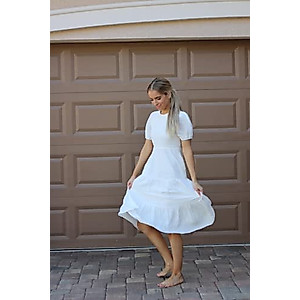 LOGENE Women Short Sleeve Crew Neck Smocked Elastic Waist Tiered Maxi Dress Summer Boho Solid Color Sun Dresses-484-baise-L