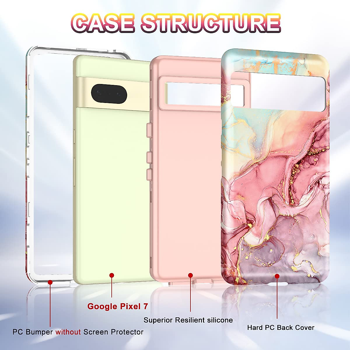 Btscase for Google Pixel 7 Case, Marble Pattern 3 in 1 Heavy Duty Shockproof Full Body Rugged Hard PC+Soft Silicone Drop Protective Women Girl Phone Covers for Google Pixel 7 (2022), Rose Gold