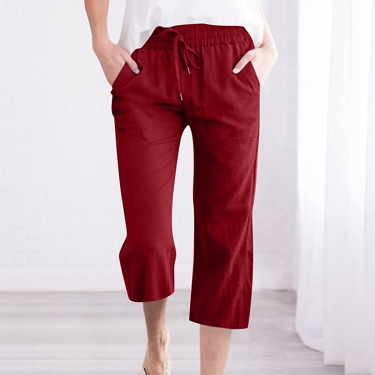 Womens Capris for Summer Capri Pants Casual 2023 Summer Drawstring Elastic High Waist Linen Pant Straight Wide Leg Cropped Trouser