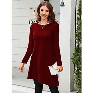 KORSIS Dresses for Women Wine Red Small Long Sleeve Round Neck Casual Button Side T Shirts Loose Fitting Sweater Jumper Fall Winter Christmas Tunic Dress