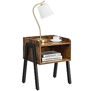 VASAGLE Side Table, End Table, Nightstand with Storage Compartment, Industrial Accent Furniture for Bedroom, Rustic Brown and Black ULET54X