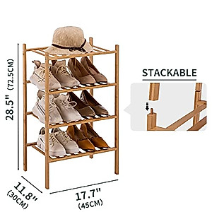 YODUENOVA Bamboo Shoe Rack, 4-Tier Free Standing Shoe organizer, Stackable Storage shoe shelf, Wooden Shoe Rack, Small Shoe Rack Wood for Closet, Enterway, Bath Room, Living Room, Hallway
