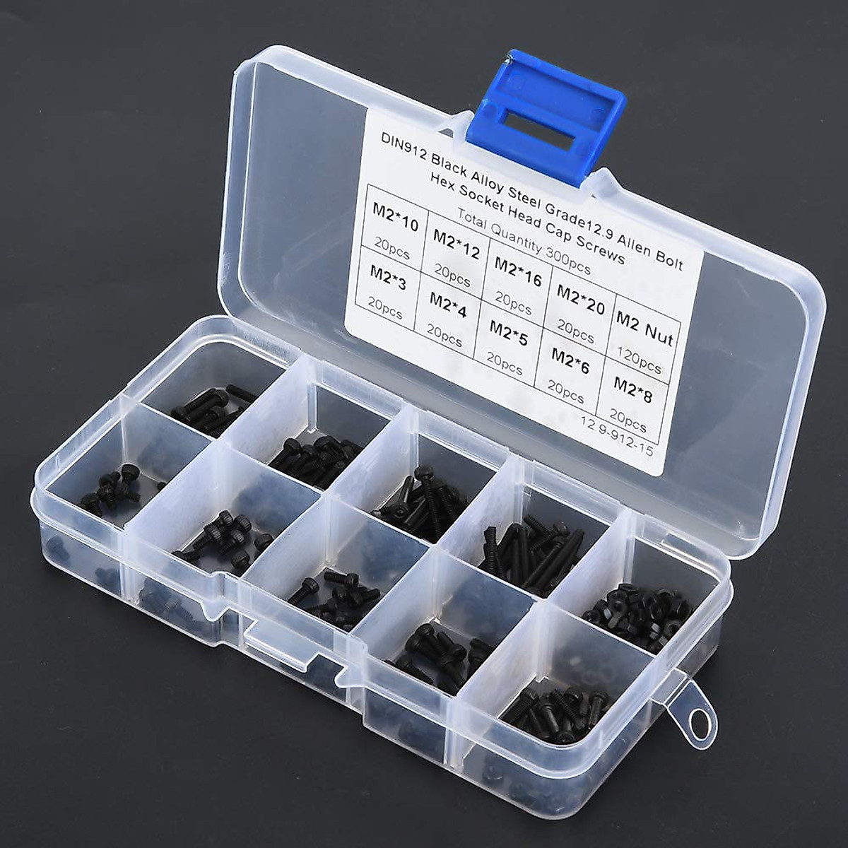 300PCS M2 x 3-20mm 12.9 Grade Black Hex Socket Screw Bolt and Nut Kit Alloy Steel Button Head Socket Bolts