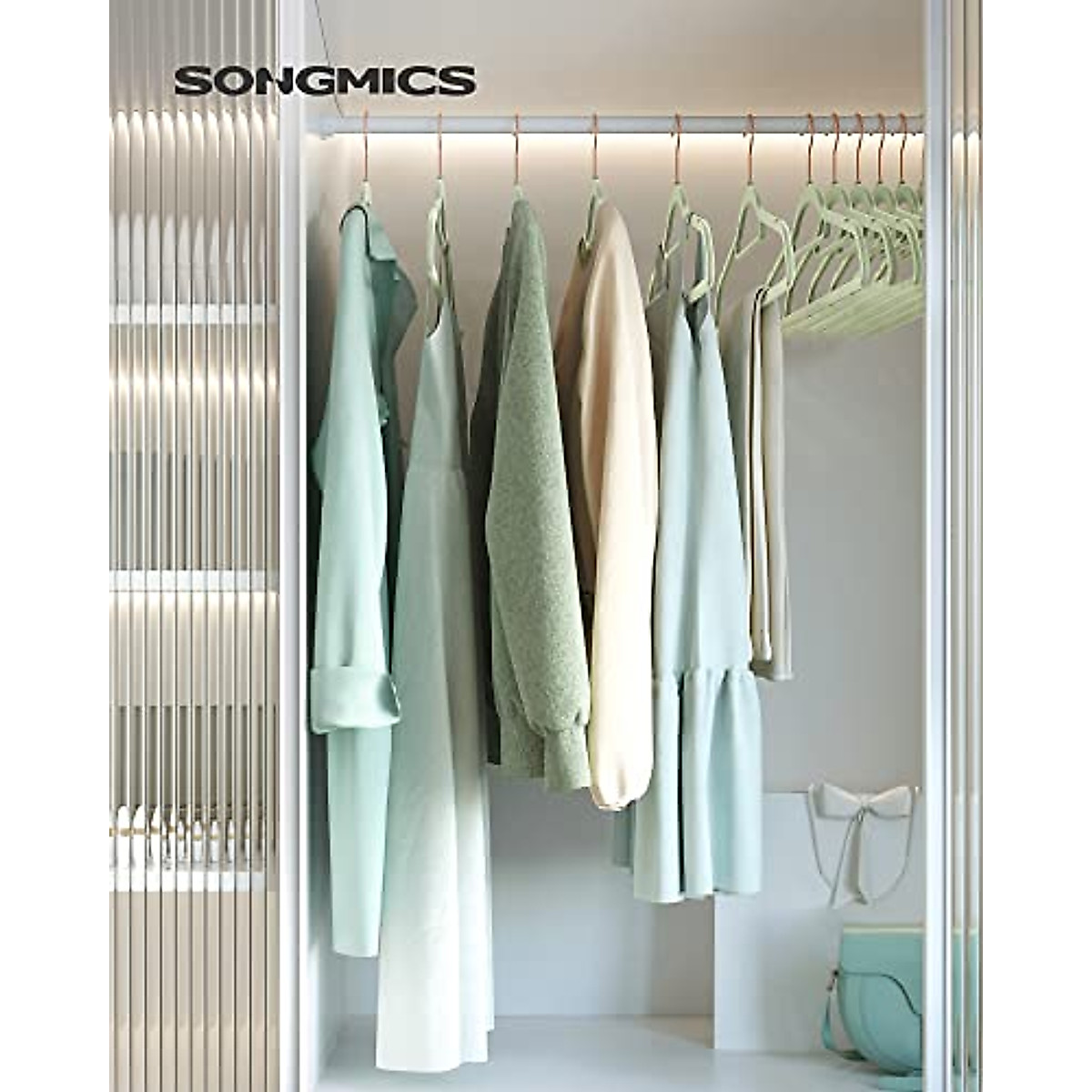 SONGMICS 30-Pack Pants Hangers and 50-Pack Clothes Hangers Bundle, Velvet Hangers with Adjustable Clips and Swivel Hooks, Space-Saving, Pale Purple and Pale Green UCRF012GP30 and UCRF021GR50