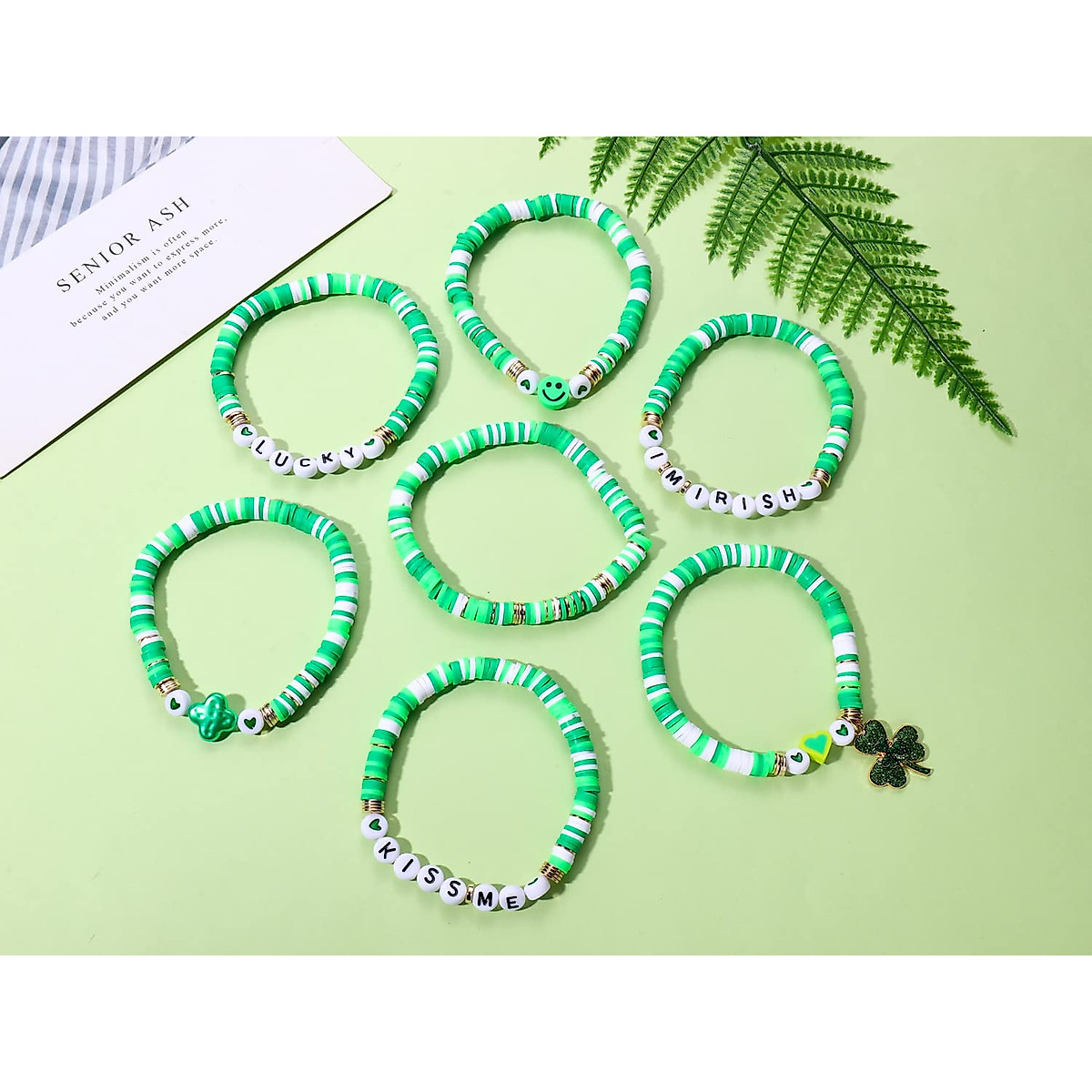 FAERLIIRY St. Patrick's Day Bracelets for Women Beaded Heishi Bracelets Preppy Surfer Bracelets Green Bead Bracelets Shamrock Luck Charm Bracelet Irish Party Jewelry (Green)