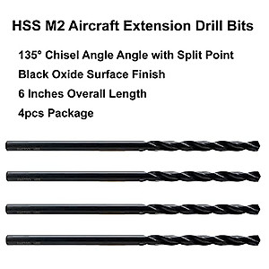 MAXTOOL 3/16"x6" 4pcs Identical Aircraft Extension Drills HSS M2 Extra Long Deep Twist Drill Bits Straight Shank Fully Ground Black; ACF02B06R12P4