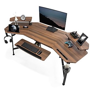 EUREKA ERGONOMIC 72" Computer Desk W Keyboard Tray, Wing-Shaped Music Studio Desk, Large Gaming Desk W LED Convertible Monitor Stand Dual Headphone Hanger for Recording Live Streamer, Walnut Wood