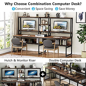 Tribesigns 94.5 inch Two Person Desk with Hutch, Double Workstation Computer Desk with Storage Shelves, Large Industrial Office Desk Study Writing Table with Bookshelf for Home Office, Rustic Brown