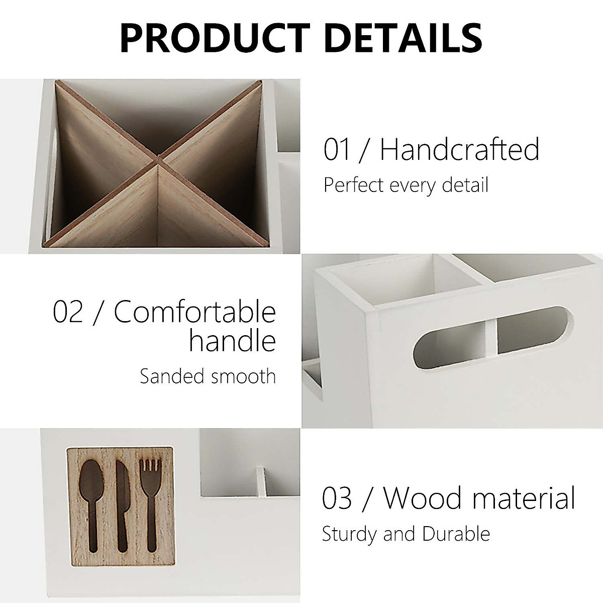 CBEYNCHOS Wooden Utensil Holder Cutlery Caddy,Flatware Organizers for Forks Spoons Knives Cooking Tools,Large Capacity,Kitchen Table Decor for Party Bar and Home use (Simple White A)