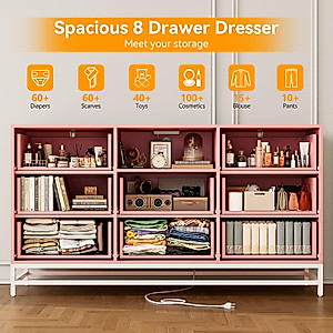 GarveeHome Pink Dresser for Bedroom with 8 Deep Drawer, 59" TV Dresser Wooden Large Long Dresser with Power Outlet and LED Lights, Modern Chest of Drawers Storage Organizer for Living Room, Hallway