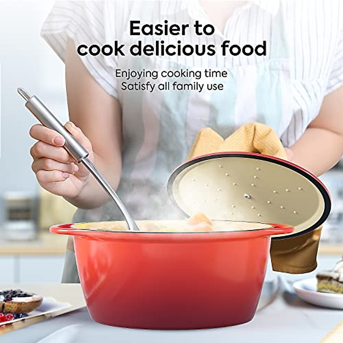 HUABANG Enameled Cast Iron Dutch Oven with Lid,Cast Iron Pot, Diameter Suitable For All Kinds of Cookware and Induction Cooker,Dishwasher,Suitable for Making Food (7.3 Quart, Cerise Oval)