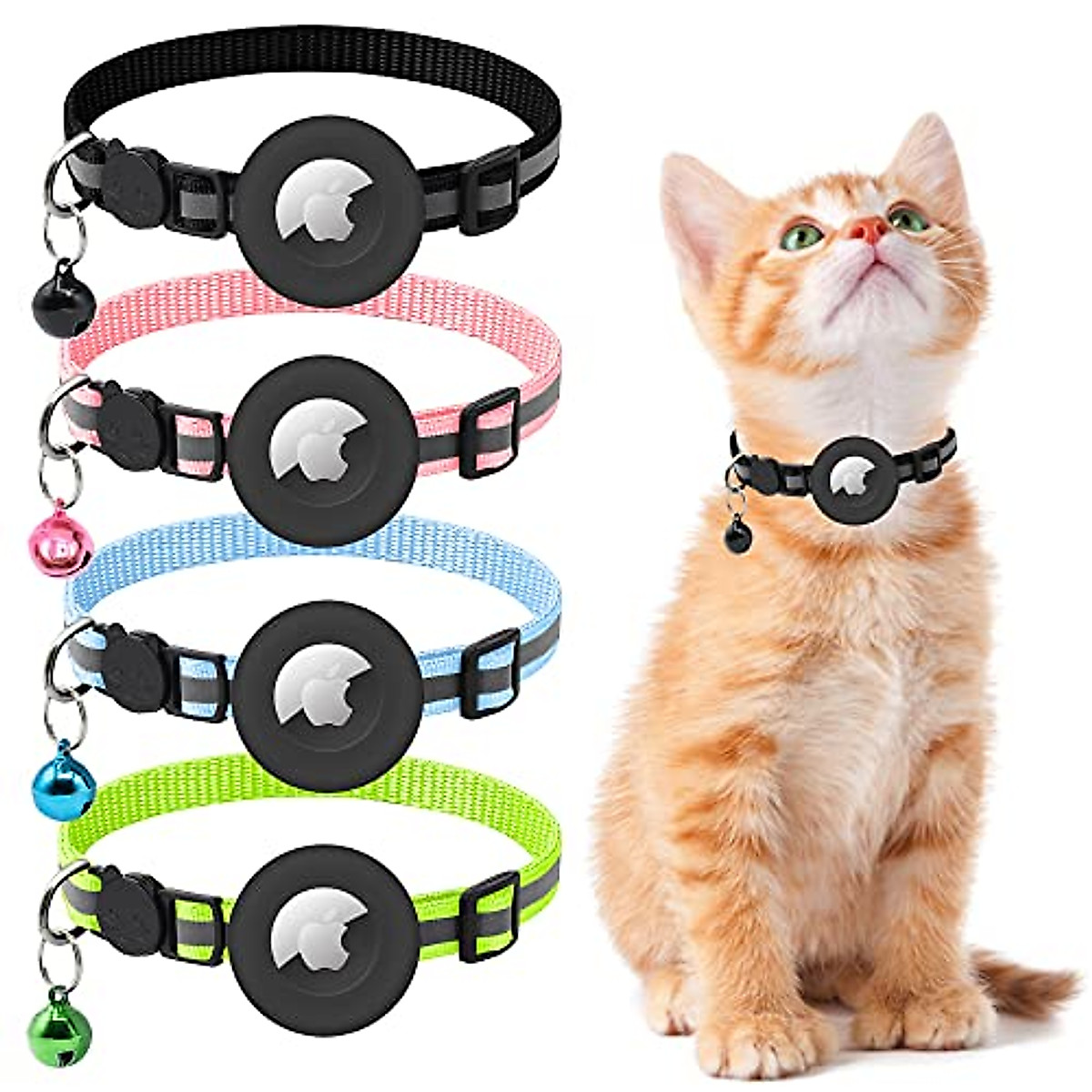 vyaji 4PCS Airtag Cat Collar - Cat Airtag Collar with Silicone Airtag Holder and Bell - Adjustable Double Layer Nylon Breakaway Cat Collars - 0.2in Reflective Strip