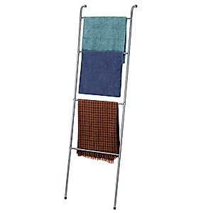 OUSHENG Towel Rack Blanket Ladder 4 Bar Wall Leaning Decorative Free Standing Towel Storage Holder Organizer for Bathroom Living Room, Silver