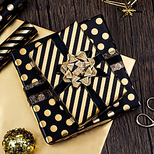 Retrify Wrapping Paper Roll - 3 Mini Rolls Black Gold Foil Polka Dots Stripes Gift Wrap Paper for Birthday, Christmas, Father's Day, All Occasions - 17 Inch x 120 Inch Per Roll
