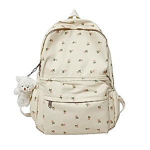 JHTPSLR Cottagecore Aesthetic Backpack with Plushies Pink Floral Preppy Backpack Flowers Backpack Cute Kawaii Backpack Book Bags (Beige)