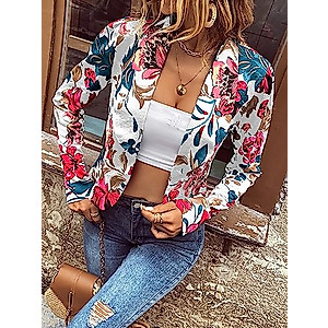 OYOANGLE Women's Floral Print Long Sleeve Blazers Casual Office Work Open Front Cardigan Jacket Blazer White L