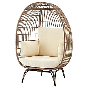 Manhattan Comfort Spezia Freestanding Steel and Rattan Outdoor Egg Chair with Cushions, Tan and Cream