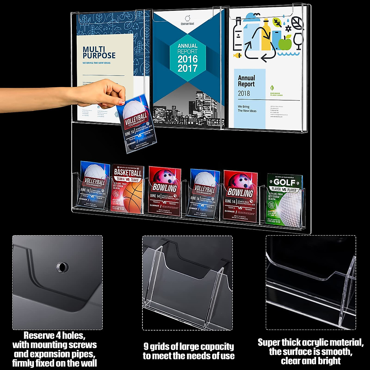 Weysat Acrylic Brochure Holder Wall Mount Rack Acrylic Magazine Literature Holder Display Stand Business Tri Fold Clear 9 Pockets Pamphlet Display Holder Plastic Flyer Wall Mount Slots (1 Pcs)