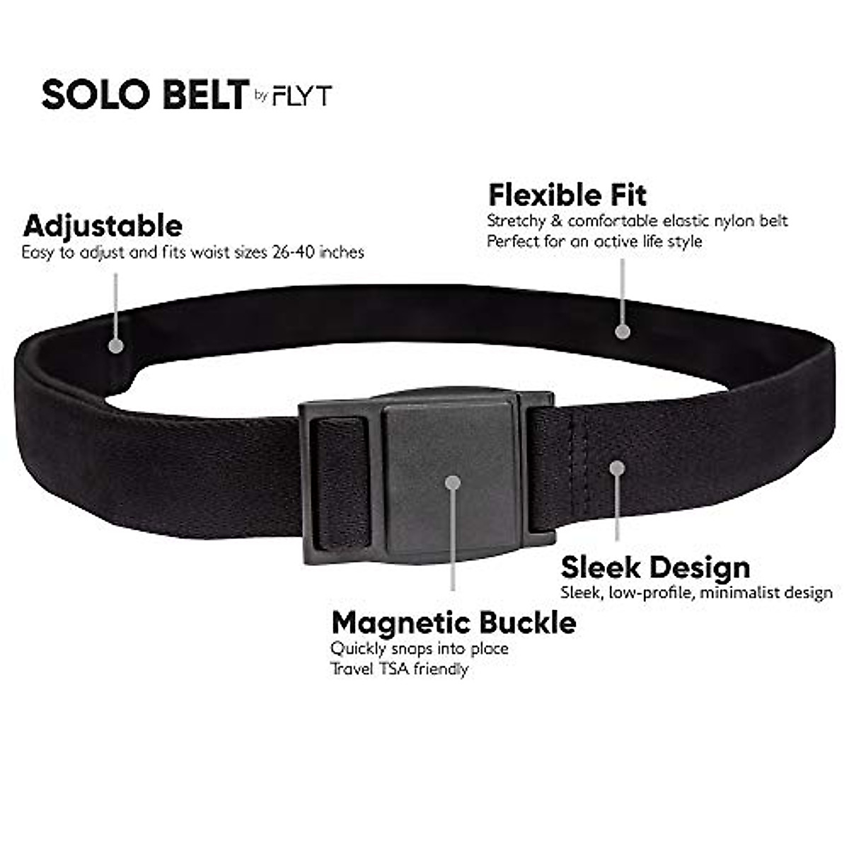FLYT Solo Belt - Minimalist Web Nylon Belt with Quick-Release Magnetic Plastic Buckle, TSA Friendly