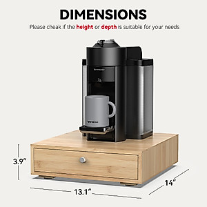 WELL WENG for Nespresso Vertuo Capsules (NV145) - Premium Bamboo Coffee Pod Drawer, 45 Big or 60 Small Vertuoline Pods Organizer - 14'' Deep by 3.9'' High (Natural)