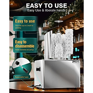 WantJoin Wine Glass Polisher Machine - 5 Brushes 330 Cups/Hour Commercial Electric Automatic Dryer with 304 Stainless Steel, 100% Cotton, 1300W High Power, 136°F Air Drying for Bar Restaurant Kitchen
