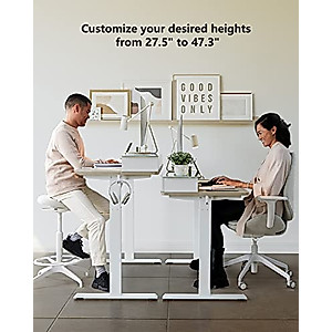 BANTI 48"x 26" Electric Standing Desk with Glass Top Monitor Stand, Adjustable Sit Stand Up Table with Double Drawer, Sit Stand Desk with Storage Shelf, Light Walnut Top