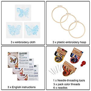 Anidaroel 3 Sets Butterfly Flower Pattern Embroidery Starter Kit for Beginners, Stamped Cross Stitch Kits for Beginners Adults Include Embroidery Fabric Embroidery Hoop Threads and Needles