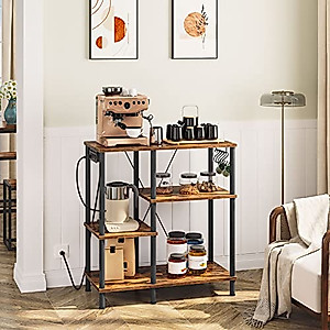 HOOBRO Bakers Rack with Power Outlet, Microwave Stand with 5 S-Shaped Hooks, Coffee Bar, Kitchen Storage Shelf, for Kitchen, Living Room, Rustic Brown and Black BF07UHB01