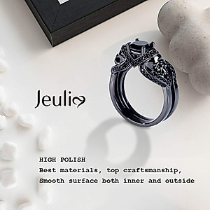 Jeulia 3.6 Carat Black Tone Skull Rings for Women Men Sterling Silver Round Cut Engagement Rings Bridal Sets Wedding Rings Cubic Zirconia Promise Engagement Anniversary with Jewelry Box (9.5)