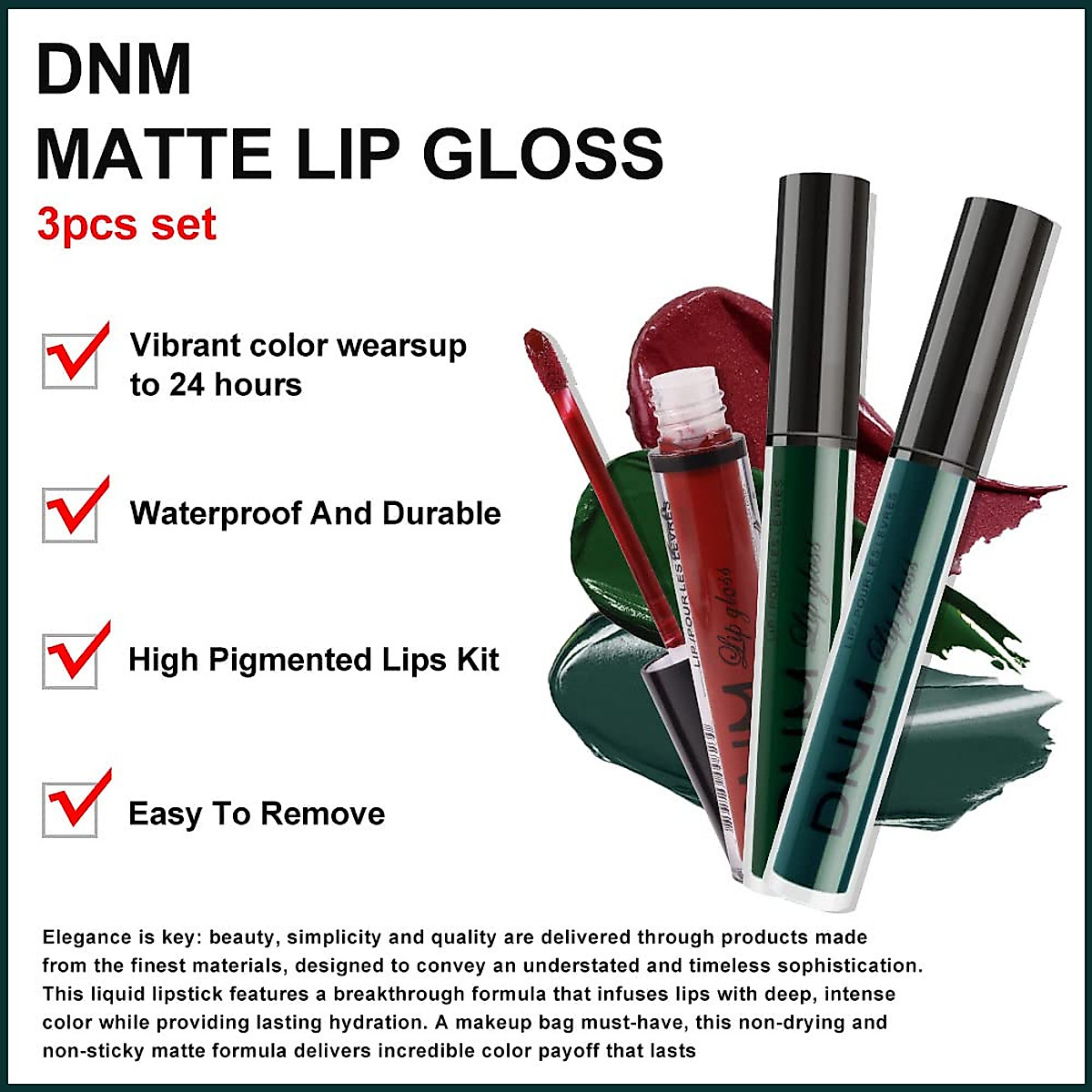 AMY'S DIARY 3Pcs Dark Red Green Matte Liquid Lipstick Sets,Matte Lipstick Lip Stain Long Lasting 24 Waterproof Lip Gloss Gift Set Matt Liquid Makeup Lipstick for Women