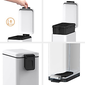Mbillion Bathroom Trash Can with Lid Slim Stainless Steel Small Bathroom Garbage Can 10 Liter, 2.6 Gallon Soft Close, Step Pedal, Slim Wastebasket for Toilet, Office, Bedroom, White