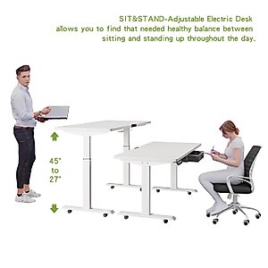 Radlove Dual Motors Height Adjustable 63 x 30'' Electric Standing Desk with Drawer Stand Up Table 4 Memory Keys, Computer Desk with Splice Board Home Office Desk, White Top + White Frame