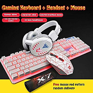 Raxinbang Keyboard Gaming Keyboard,USB Keyboard Set Gaming Mouse Computer Backlight Headset Waterproof Gaming Headset for LOL (Color : Pink)
