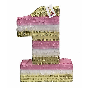 APINATA4U 20" Tall Number One Pinata Tall Light Pink White & Gold First Birthday Princess Themed