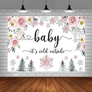 AIBIIN 7x5ft Baby It's Cold Outside Backdrop Christmas Winter Baby Shower Decorations for Girl Pink Flowers Silver Snowflakes Photography Background Banner Photo Props