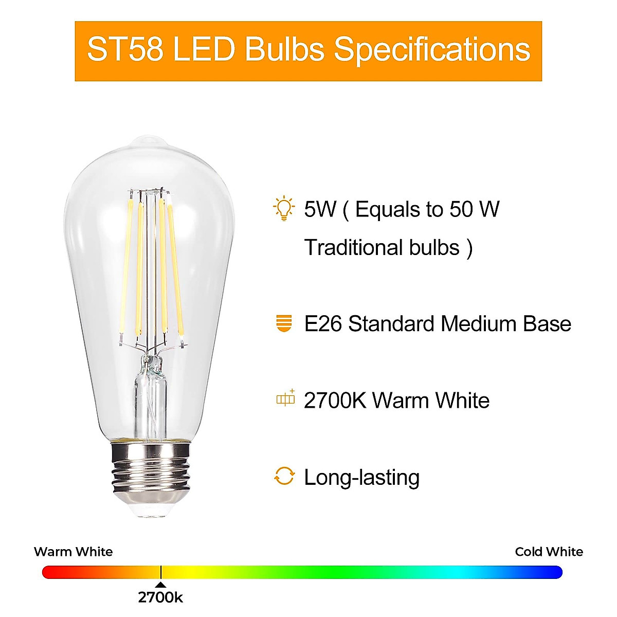truestory Dimmable Vintage LED Edison Bulbs, 5W, Equivalent 50W, 450lm, Warm White 2700K, ST19(ST58) LED Filament Bulbs, E26 Medium Base, Clear Glass, Pack of 6 (Warm Light)
