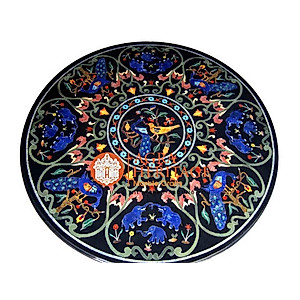 Black Marble Round Dining Table Top Pietra Dura Inlay Bird Design Hallway Decor | 36" Inches