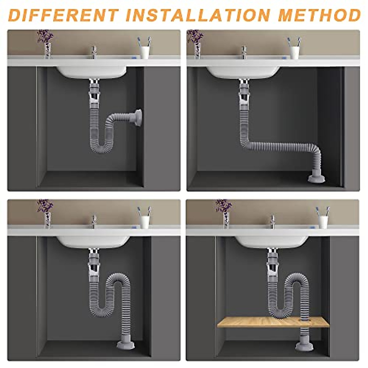 Vataler Anti-Odor Flexible Sink Drain Kit 1 1/4 For Bathroom Sink & Kitchen, Expandable P Trap Universal Drain Flex-Drain Tubing, Total Length 19-44 Inch (Gray)