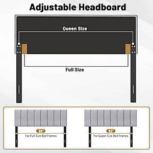 KOMFOTT Linen Upholstered Headboard for Full & Queen Size Bed, Vertical Channel Tufted Rectangular Headboard with Solid Wood Legs & Adjustable Width, Padded Bed Backboard, Easy Assembly (Gray)